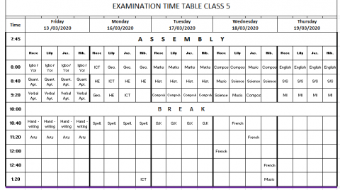 Examination Time – Table | Ladybird N/P school
